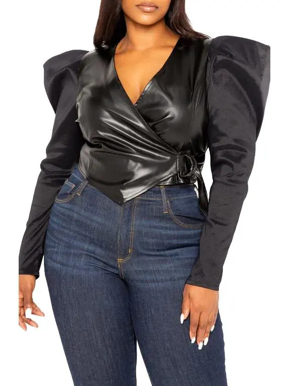 BUXOM COUTURE Exaggerated Shoulder Faux Leather Wrap Top - Black