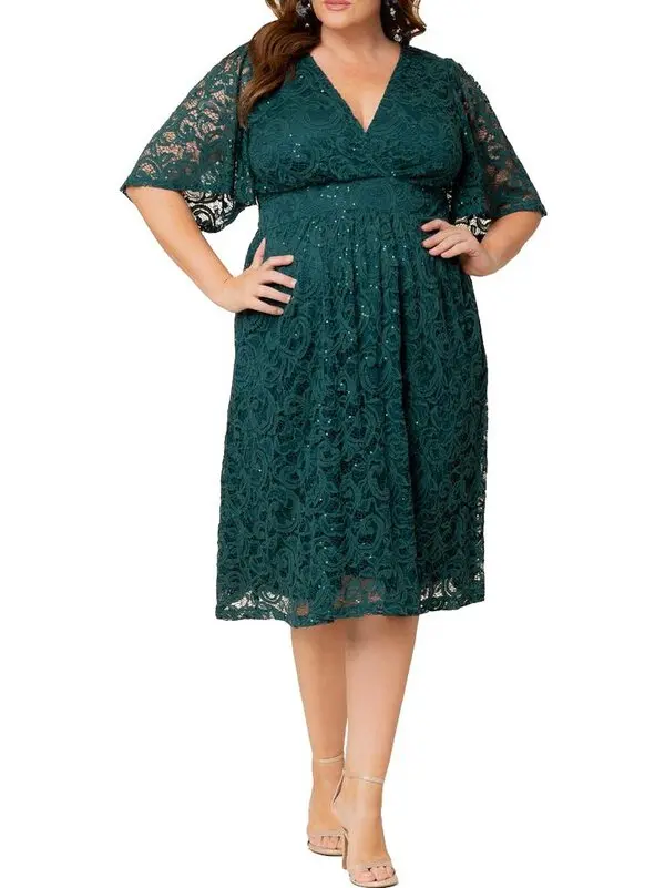 KIYONNA Starry Sequin Lace Fit & Flare Dress - Emerald Green