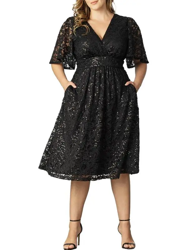 KIYONNA Starry Sequin Lace Fit & Flare Dress - Onyx