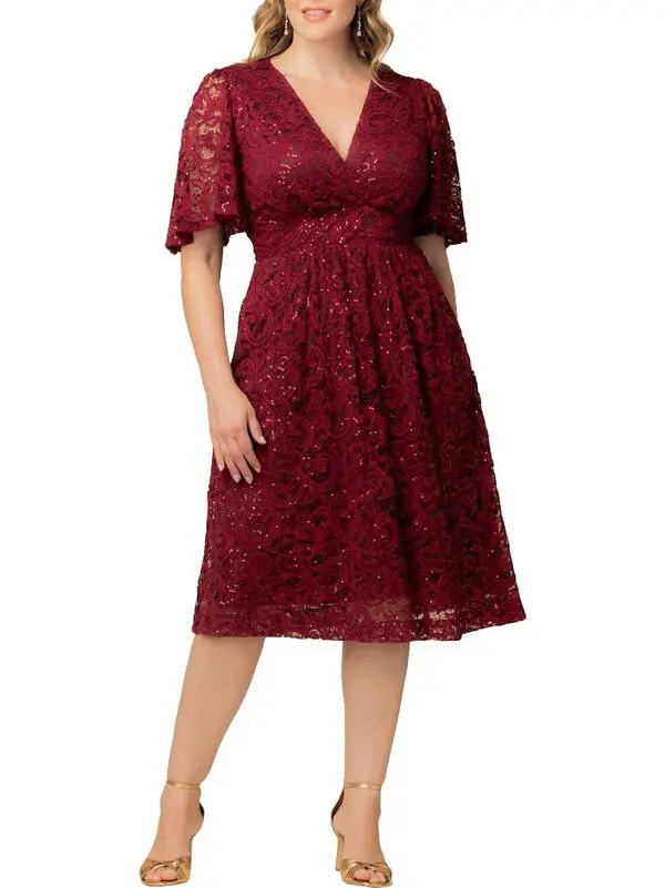 KIYONNA Starry Sequin Lace Fit & Flare Dress - Red