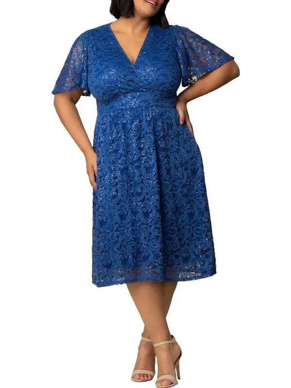 KIYONNA Starry Sequin Lace Fit & Flare Dress - Sapphire