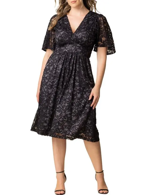 KIYONNA Starry Sequin Lace Fit & Flare Dress - Storm Grey