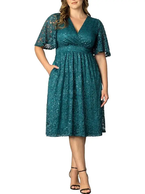 KIYONNA Starry Sequin Lace Fit & Flare Dress - Teal Topaz