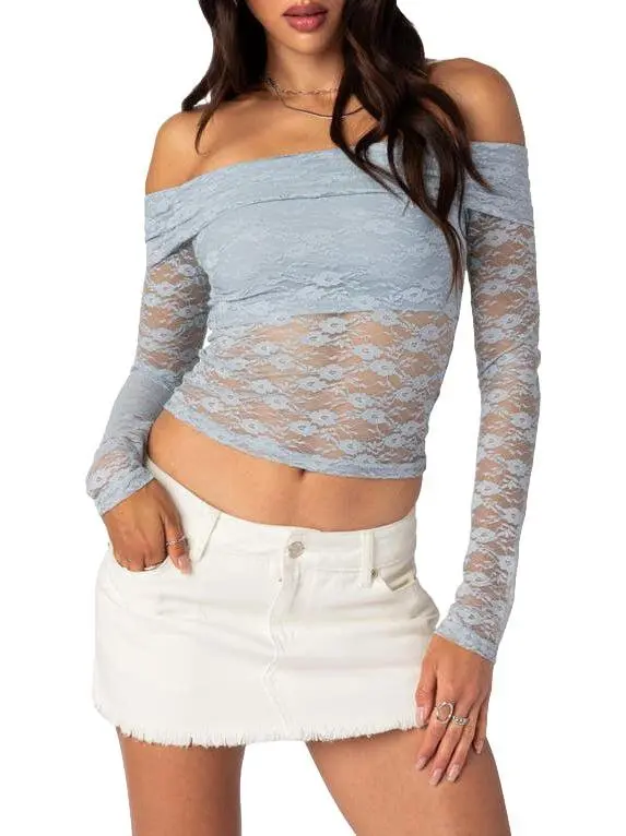 EDIKTED Elysia Lace Off The Shoulder Crop Top - Light-blue