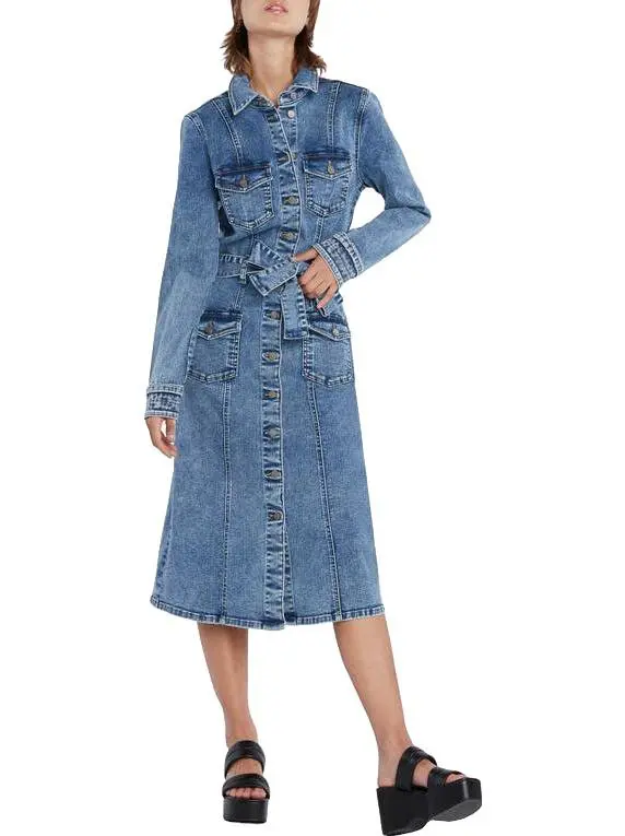 WASH LAB DENIM Tie Waist Long Sleeve Cargo Denim Midi Shirtdress - Peace Blue