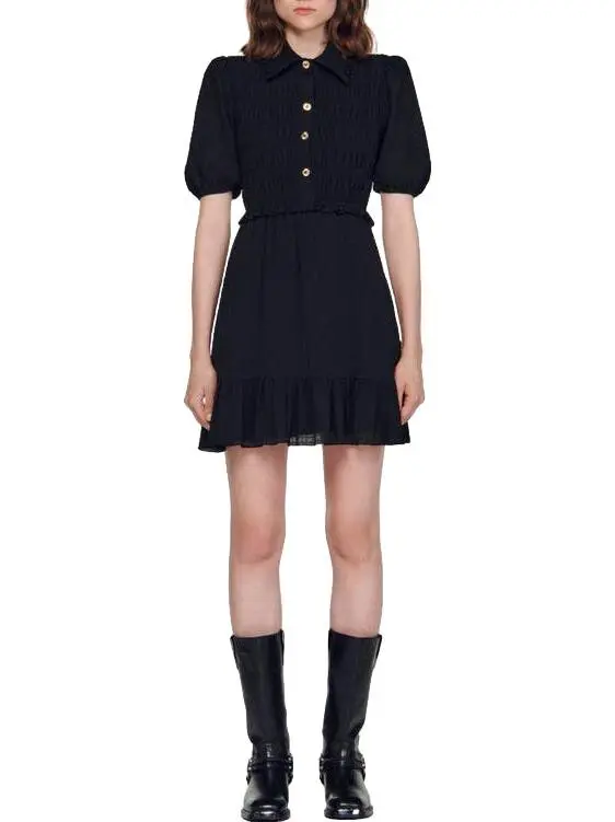 Sandro Smocked Puff Sleeve Mini Dress - Black