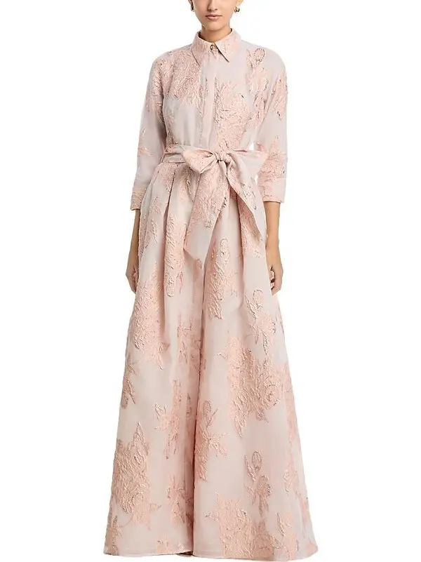 Rickie Freeman For Teri Jon Metallic Jacquard Shirt Dress Gown - Blush