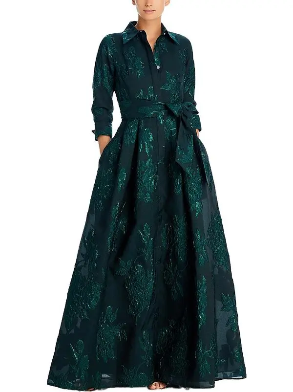 Rickie Freeman For Teri Jon Metallic Jacquard Shirt Dress Gown - Emerald