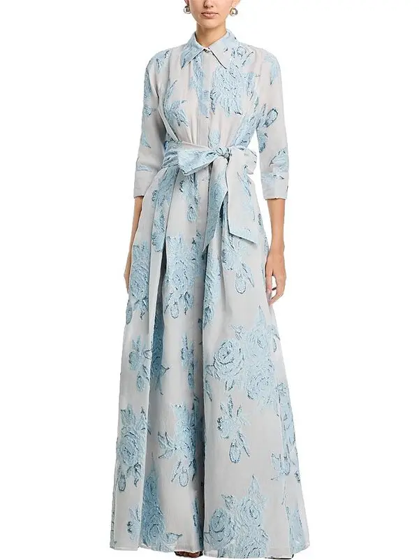 Rickie Freeman For Teri Jon Metallic Jacquard Shirt Dress Gown - Powder Blue
