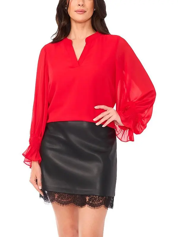 Vince Camuto V Neck Sheer Sleeve Top - Bright Red