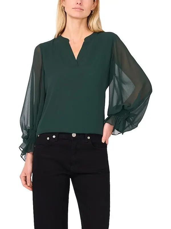 Vince Camuto V Neck Sheer Sleeve Top - Forest Night