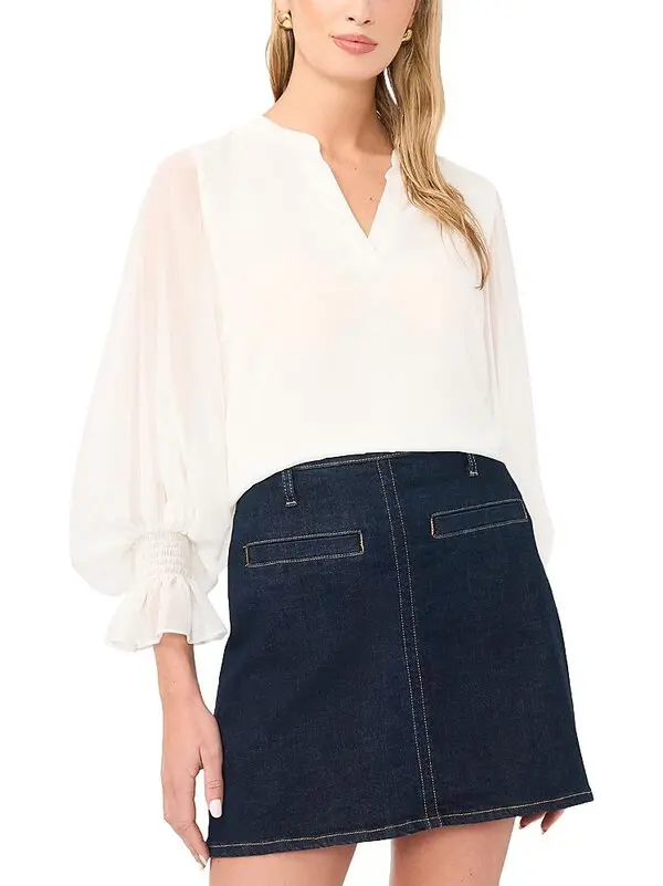 Vince Camuto V Neck Sheer Sleeve Top - New Ivory
