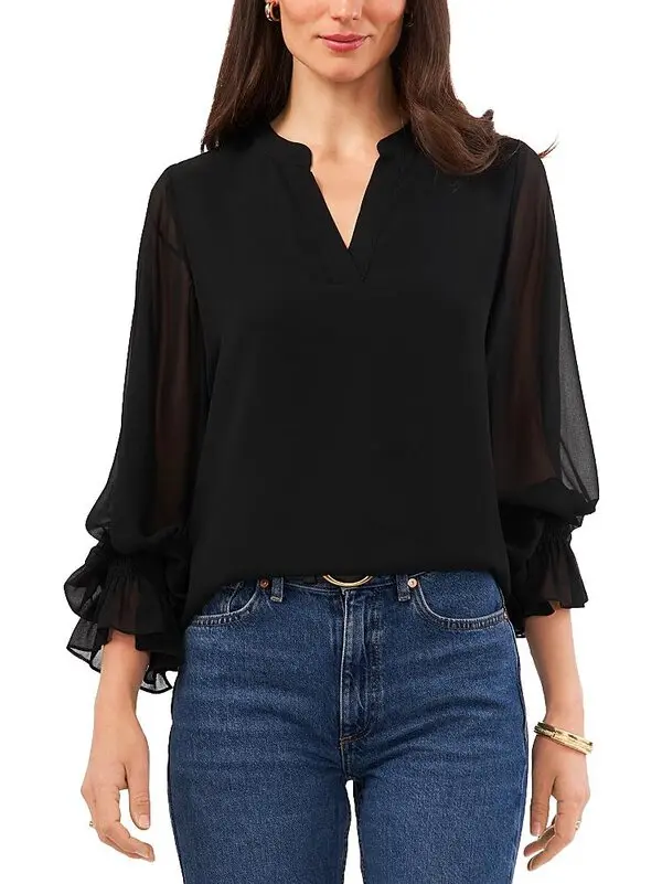 Vince Camuto V Neck Sheer Sleeve Top - Rich Black