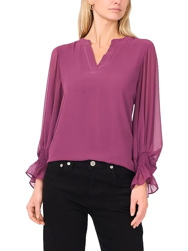 Vince Camuto V Neck Sheer Sleeve Top - Sweet Plum