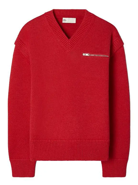 Tory Burch Wool V-neck Sweater - Red Crimson