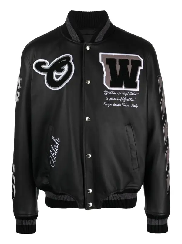 Off-White Logo-embroidered Leather Varsity Jacket - Black