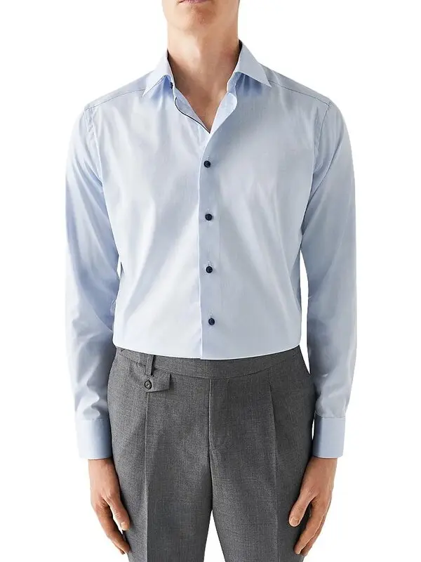 Eton Contemporary Fit Twill Shirt With Contrast Buttons - Blue