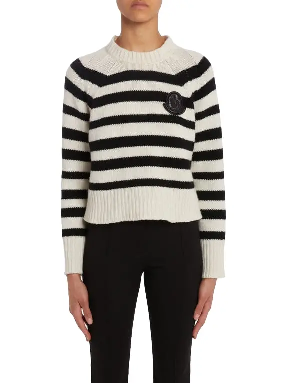 Moncler Stripe Logo Patch Wool Sweater - White