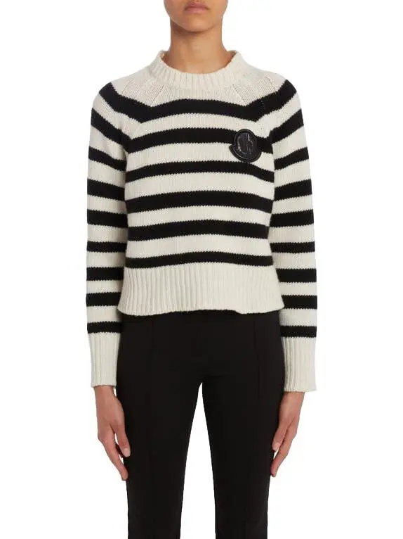 Moncler Stripe Logo Patch Wool Sweater - White