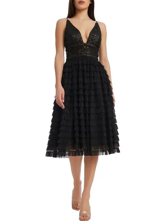 Dress The Population Becca Sequin & Tulle Tiered Dress - Black