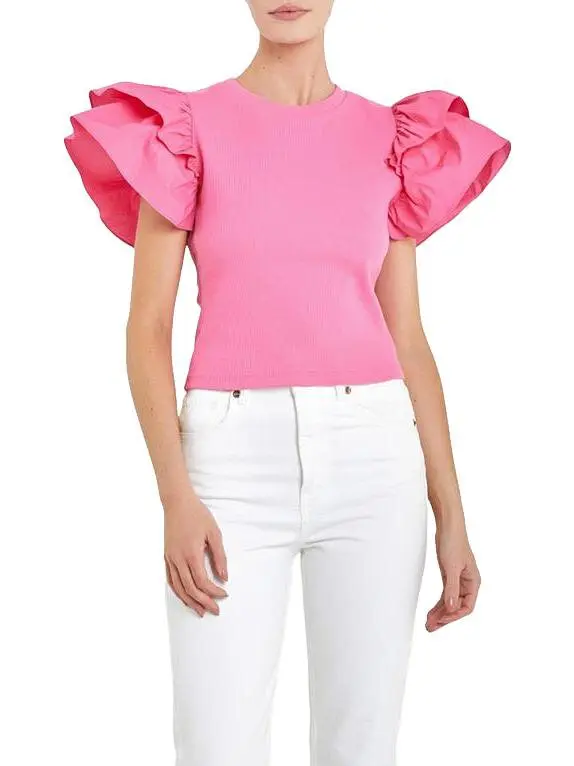 English Factory Mix Media Ruffle Sleeve Top - Pink