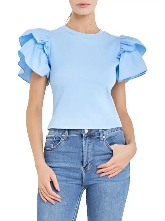 English Factory Mix Media Ruffle Sleeve Top - Powder Blue
