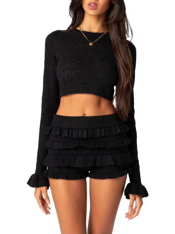 EDIKTED Delana Ruffle Cuff Pointelle Crop Sweater - Black