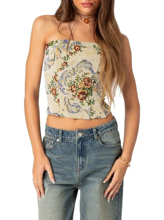 EDIKTED Floral Tapestry Strapless Corset Top - Cream
