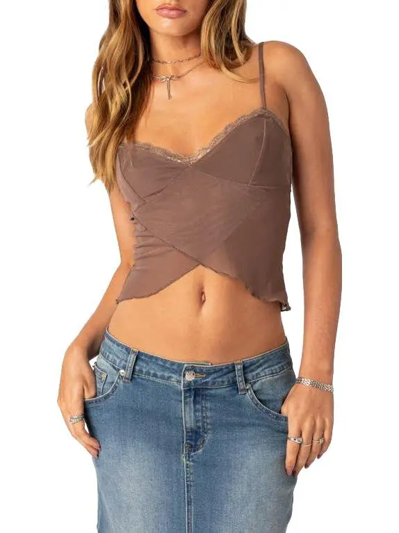 EDIKTED Crossover Crop Mesh Tank - Brown