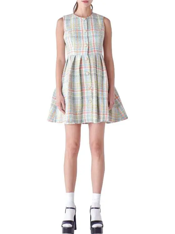English Factory Plaid Pleated Bouclé Mini Dress - Light Blue Multi