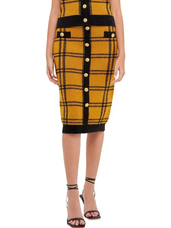 English Factory Plaid Knit Midi Pencil Skirt - Yellow/ Black