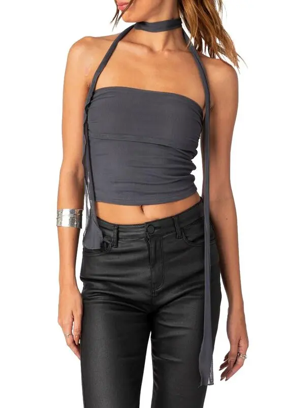 EDIKTED Gathered Strapless Crop Top With Scarf - Dark-gray