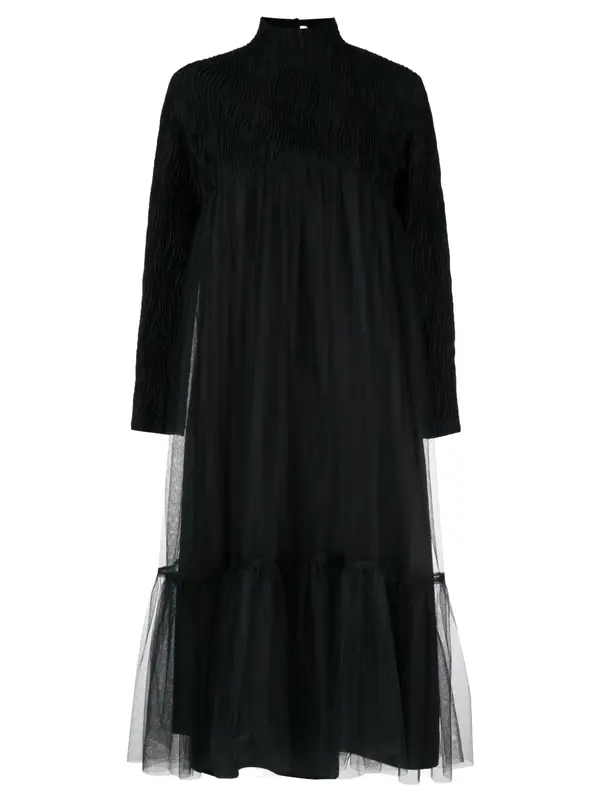 Noir Kei Ninomiya High-neck Midi Dress With Tulle Overlay - Black