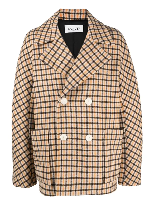 LANVIN Check-pattern Virgin Wool Pea Coat - Neutrals