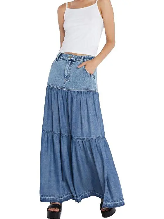 WASH LAB DENIM Contrast Tiered Maxi Skirt - Denim Love