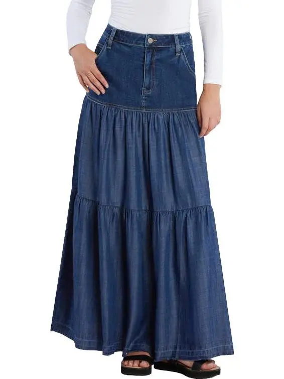 WASH LAB DENIM Contrast Tiered Maxi Skirt - Dulcet Blue