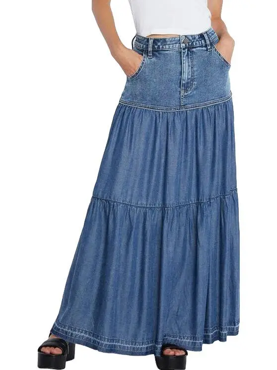 WASH LAB DENIM Contrast Tiered Maxi Skirt - High Denim