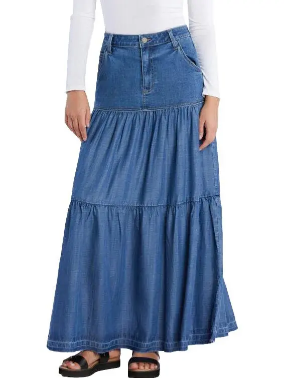 WASH LAB DENIM Contrast Tiered Maxi Skirt - Taylor Blue