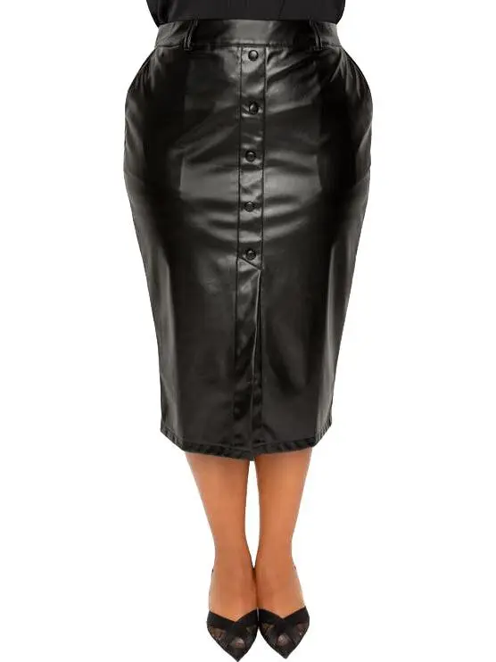 BUXOM COUTURE Faux Leather Midi Pencil Skirt - Black