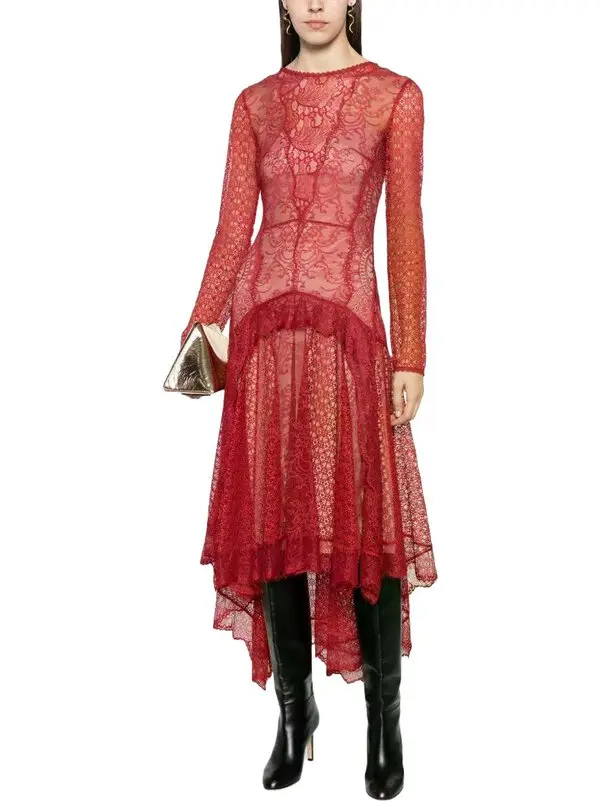 Alberta Ferretti Lace-patchwork Asymmetric Midi Dress - Red