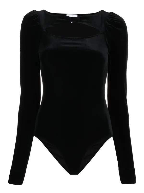 GANNI Velvet-finish Long-sleeve Bodysuit - Black