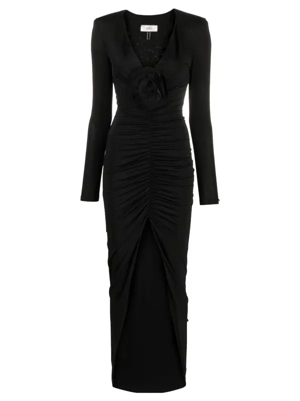 NISSA Floral-appliqué Ruched Maxi Dress - Black