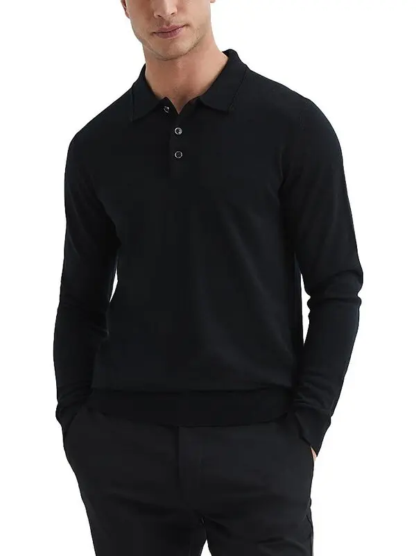 REISS Trafford Merino Wool Slim Fit Long Sleeve Polo Shirt - Black