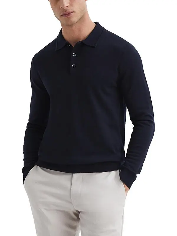 REISS Trafford Merino Wool Slim Fit Long Sleeve Polo Shirt - Navy
