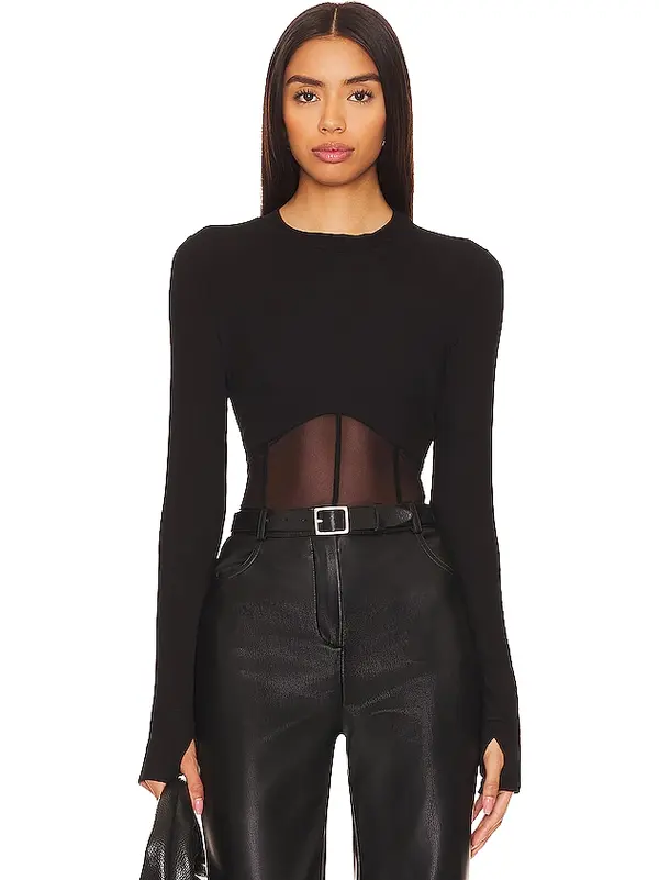 Michael Lauren Danton Rib Mesh Corset Top - Black