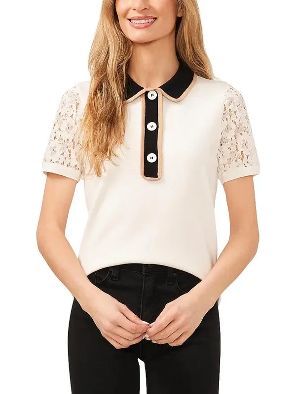 CECE DUPRAZ Polo Collar Lace Sleeve Top - Antique White