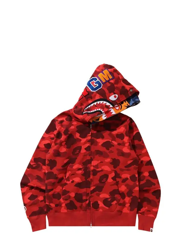 BAPE Color Camo Tiger Shark Full Zip Double Hoodie - Red