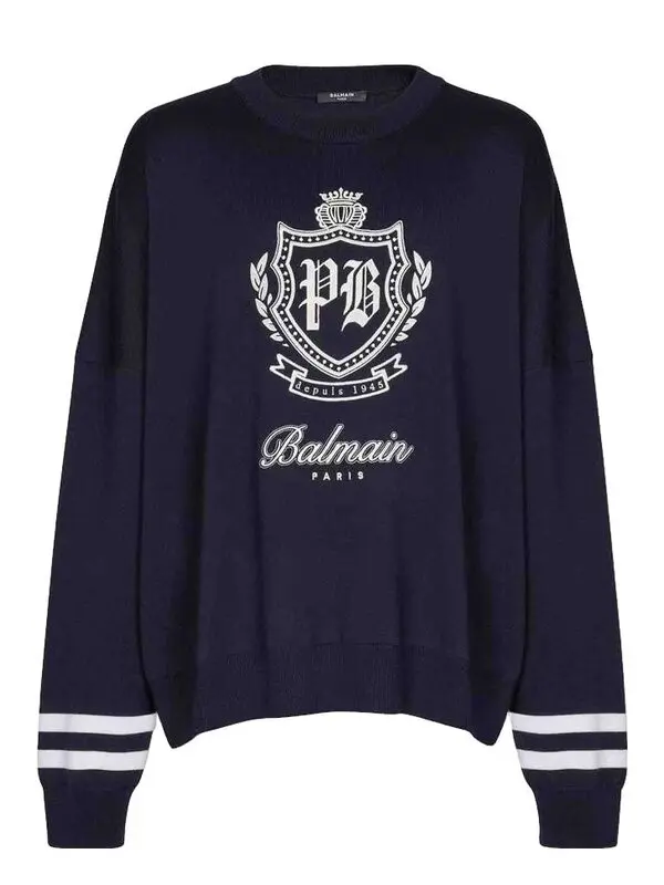 Balmain Round Neck Merino Wool Sweater - Navy Blue