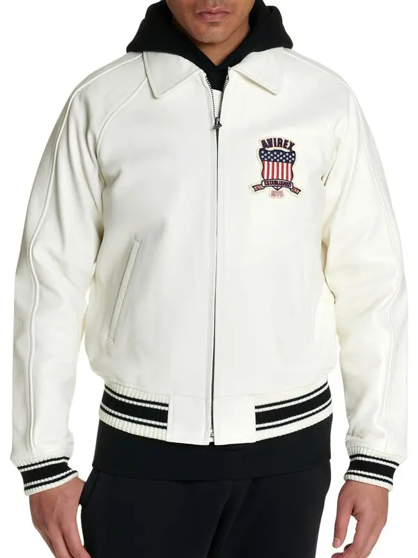 AVIREX Icon Logo Leather Bomber Jacket - Snow White
