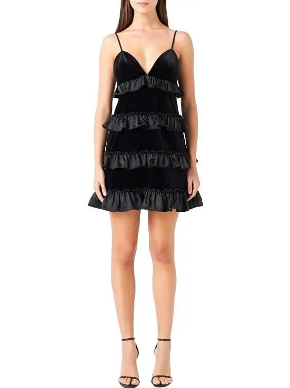 Endless Rose Tiered Ruffle Velvet Minidress - Black